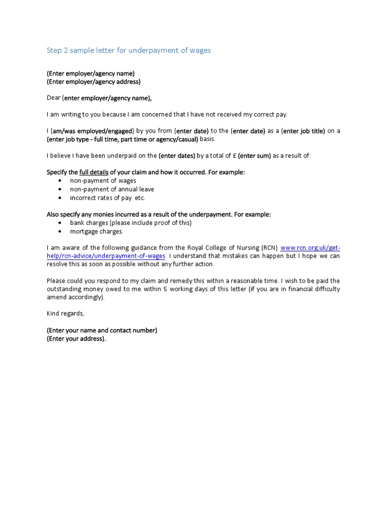 Step 2 Sample Letter For Underpayment of Wages | PDF
