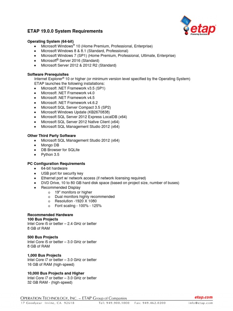 ETAP 19.0.0 System Requirements | PDF