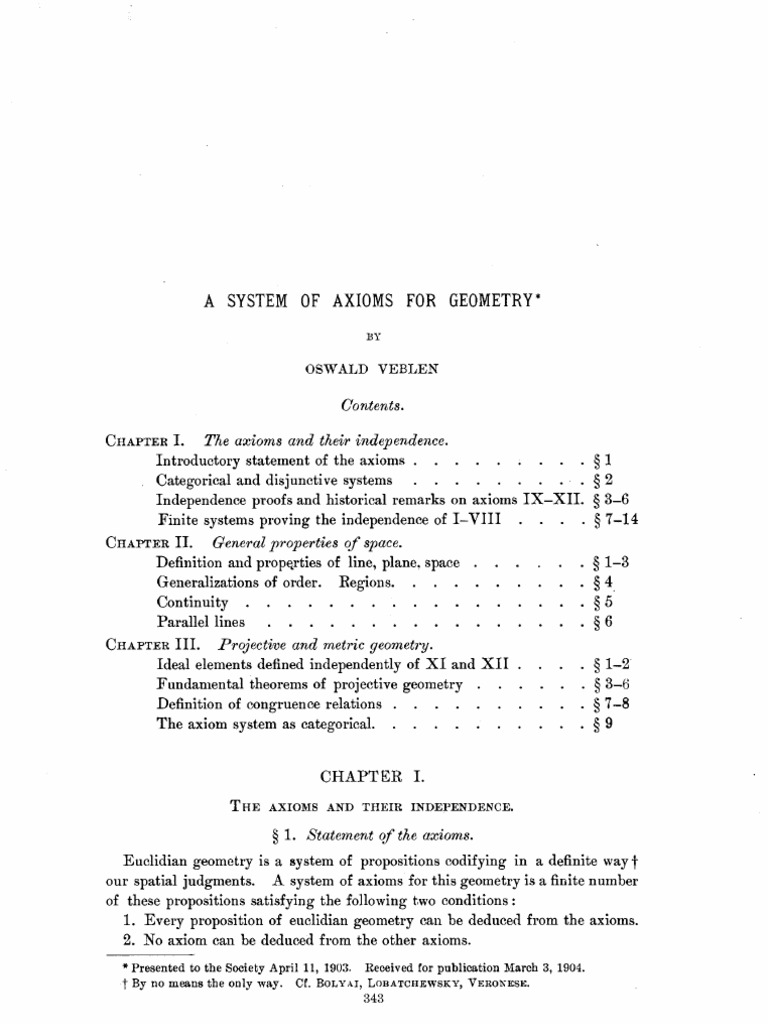 A System of Axioms For Geometry: Oontents. The Axioms and Their ...