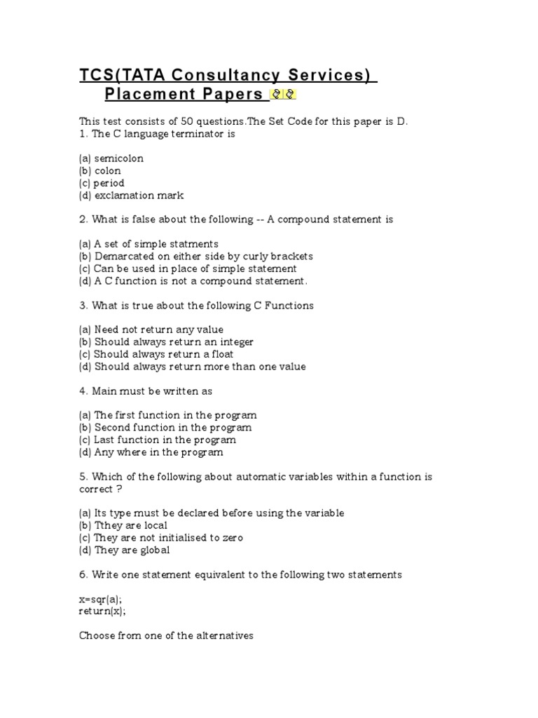 TCS (TATA Consultancy Services) Placement Papers | PDF | C (Programming Language) | Integer ...