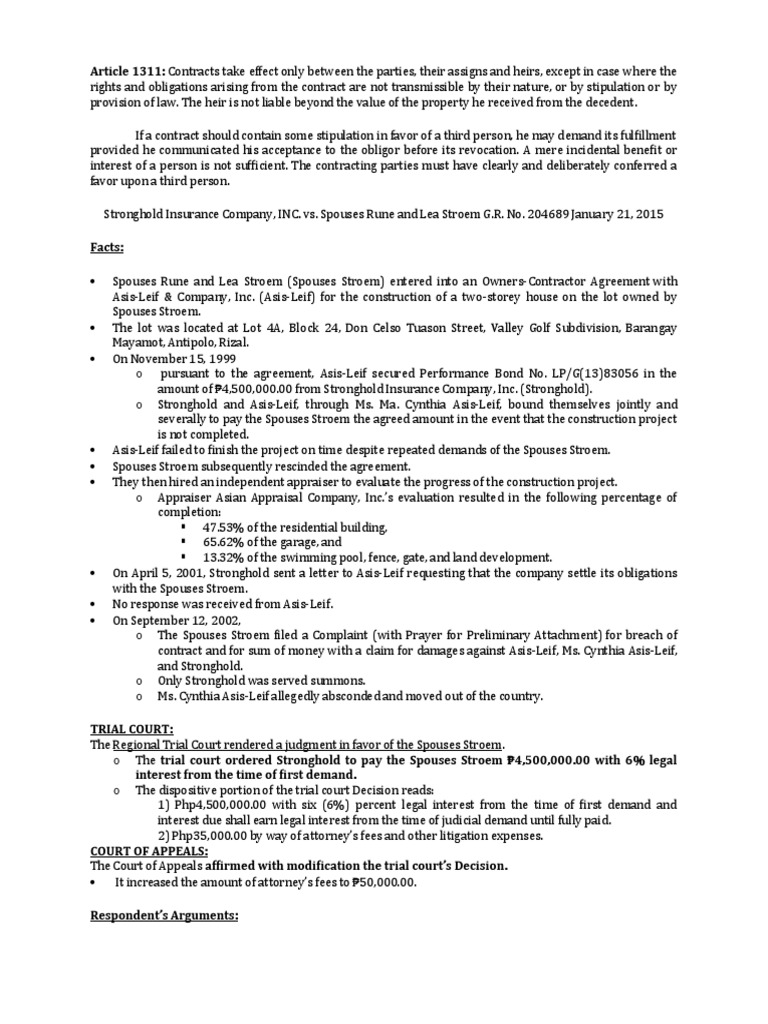 Stronghold Vs Stroem Case Digest | PDF | Surety Bond | Guarantee