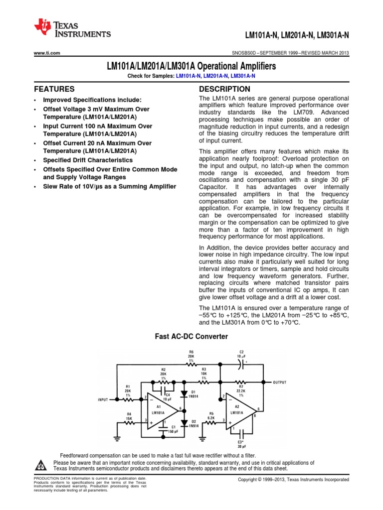 LM101A/LM201A/LM301A Operational Amplifiers: Features Description | PDF ...