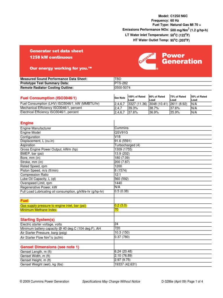 Data Sheet - c1250 n6c (Cummins 4) | PDF | Altitude | Engines