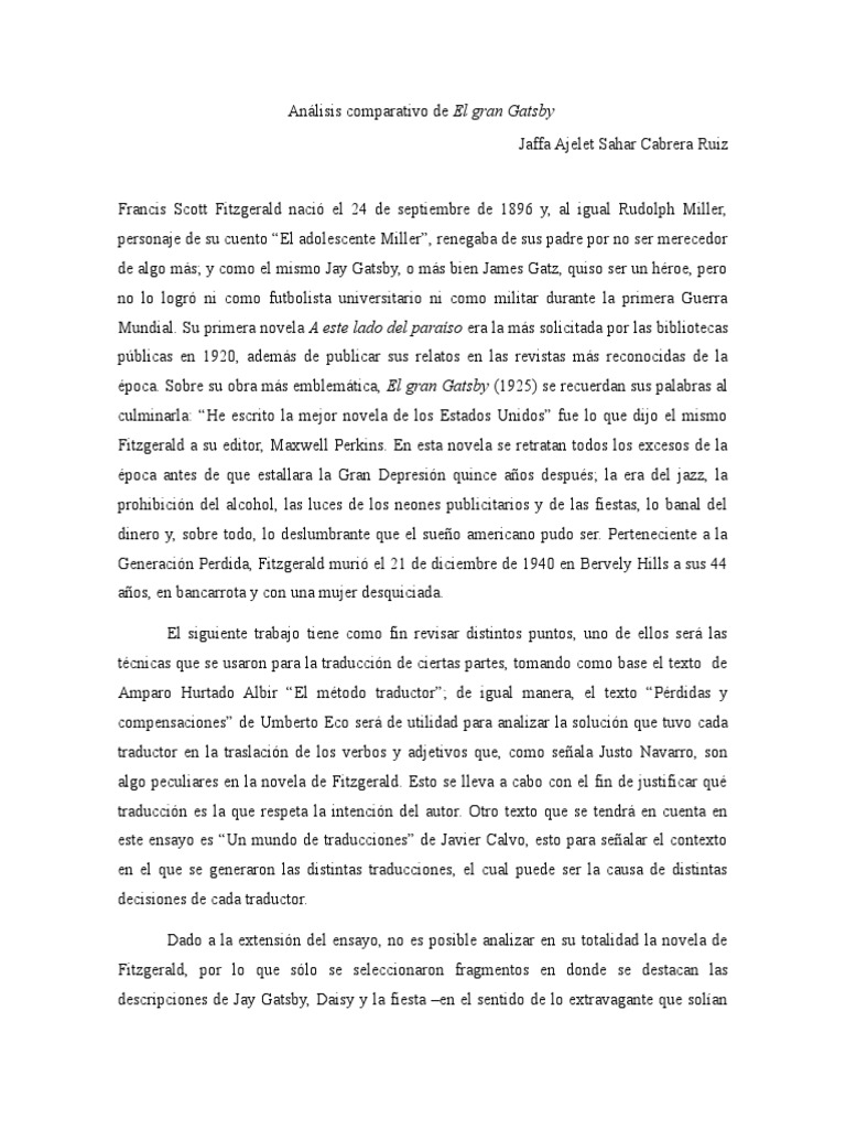 Lectura Comparada de The Great Gatsby de F. Scott Fitzgerald | PDF ...