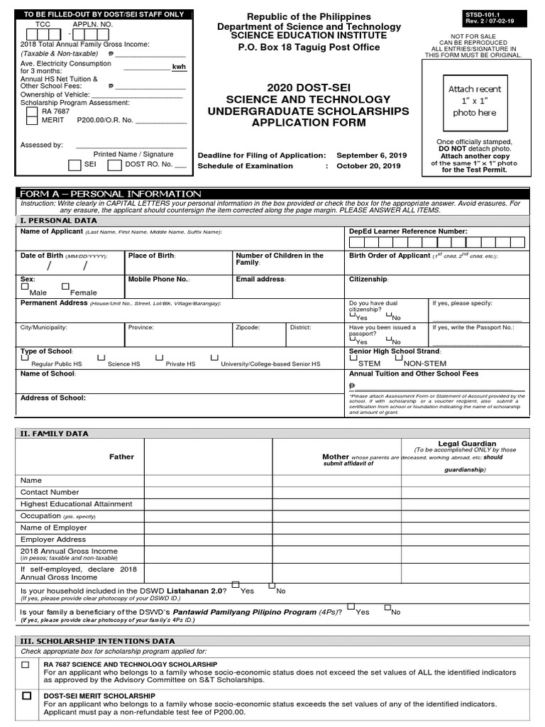 2020 DOST-SEI Science and Technology Undergraduate Scholarships ...