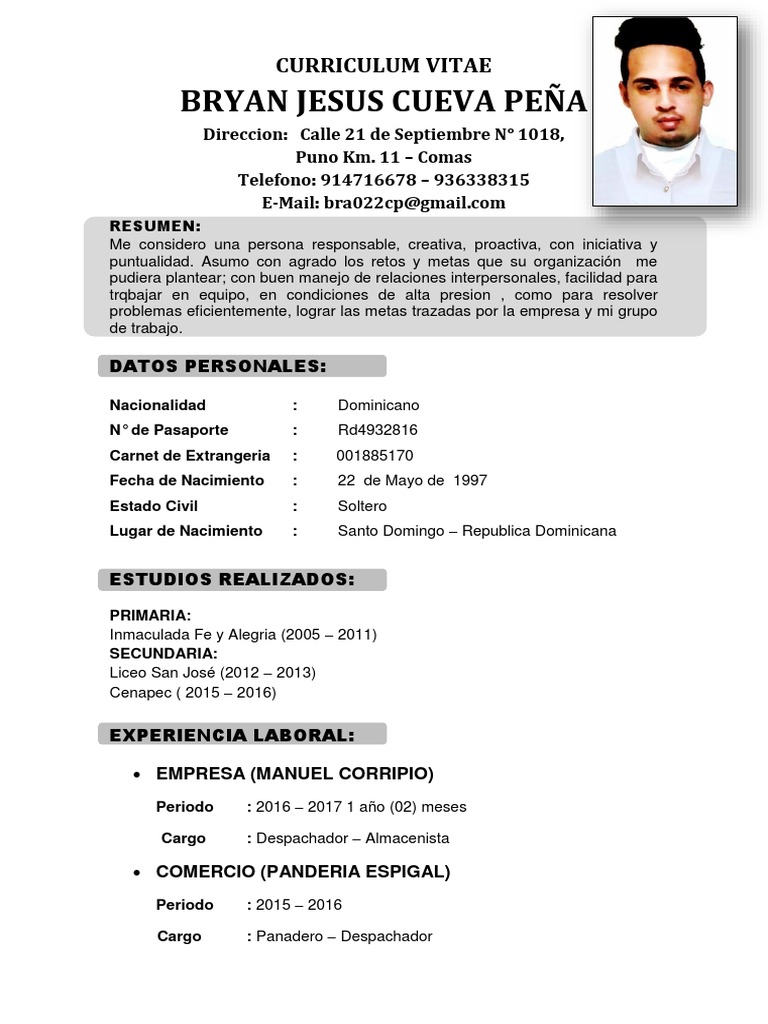 Curriculum Vitae. Bryan Jesus Cueva Peña | PDF