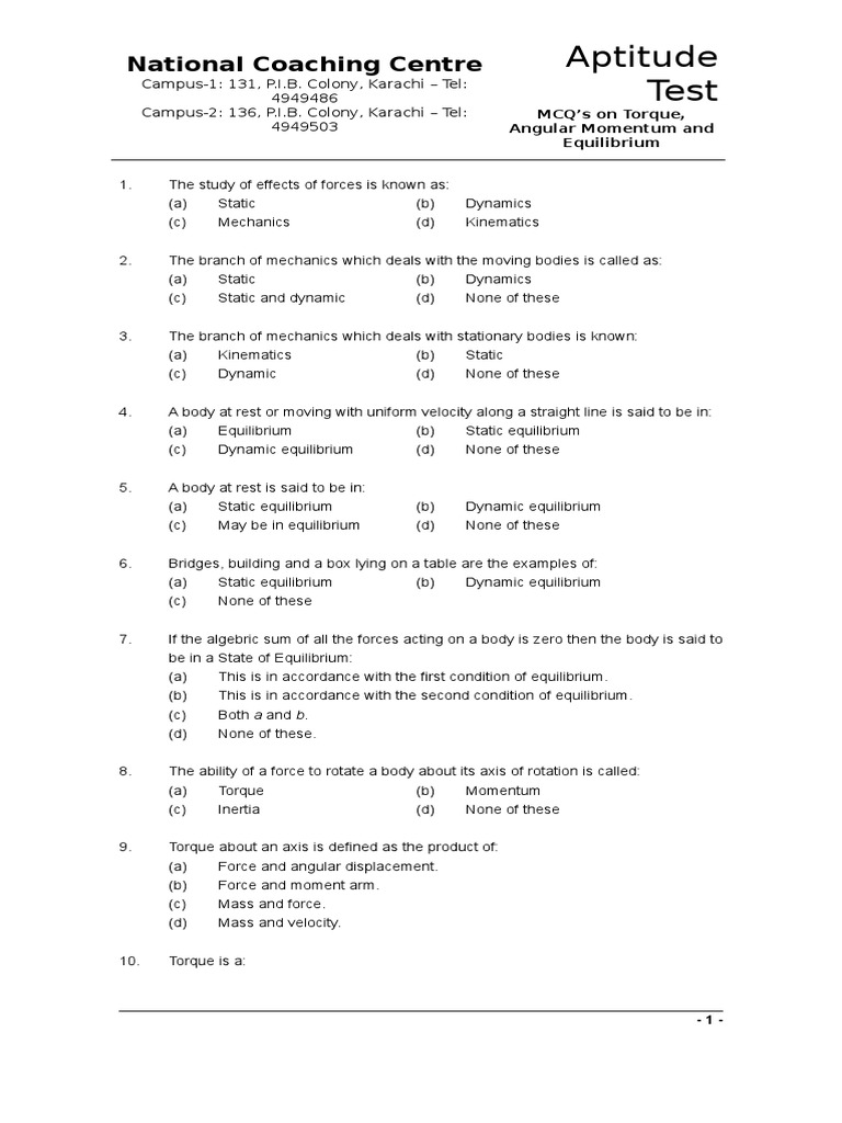 Multiple Choice Questions on Key Concepts in Mechanics including Torque, Angular Momentum and ...