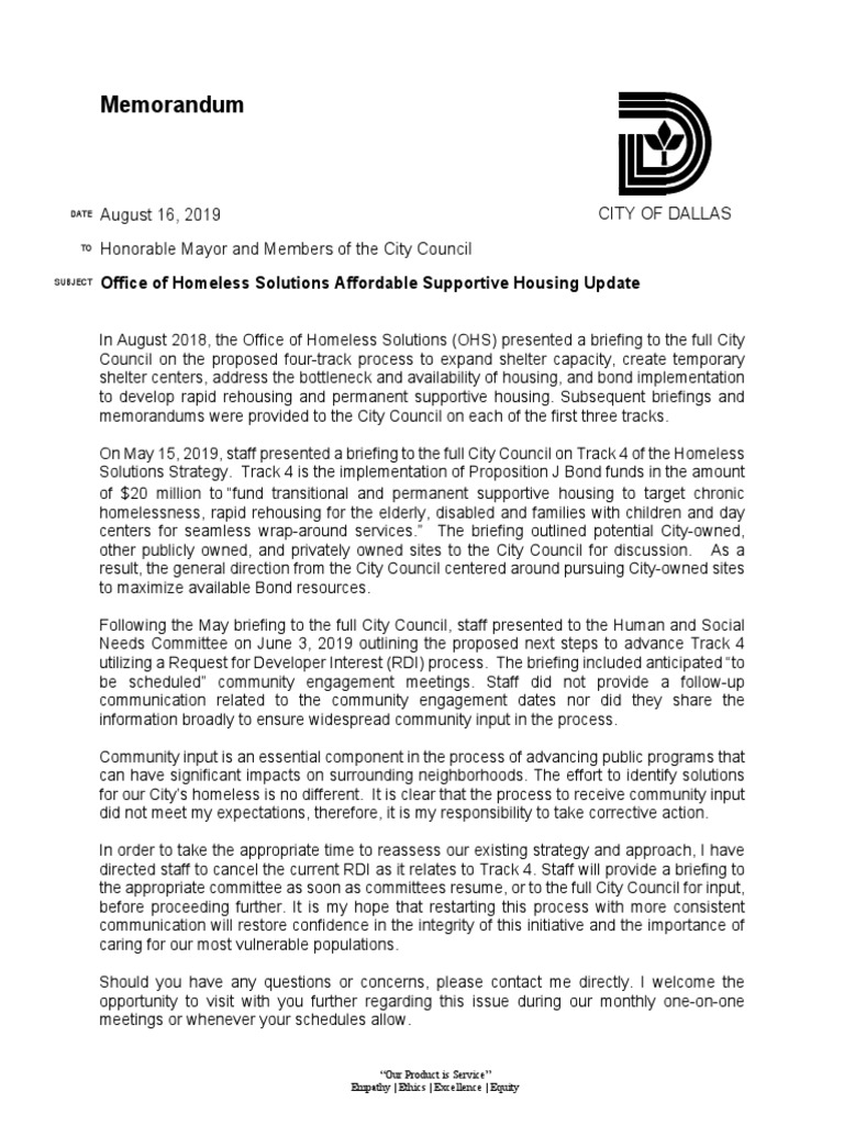Office of Homeless Solutions Affordable Supportive Housing Update Memo ...