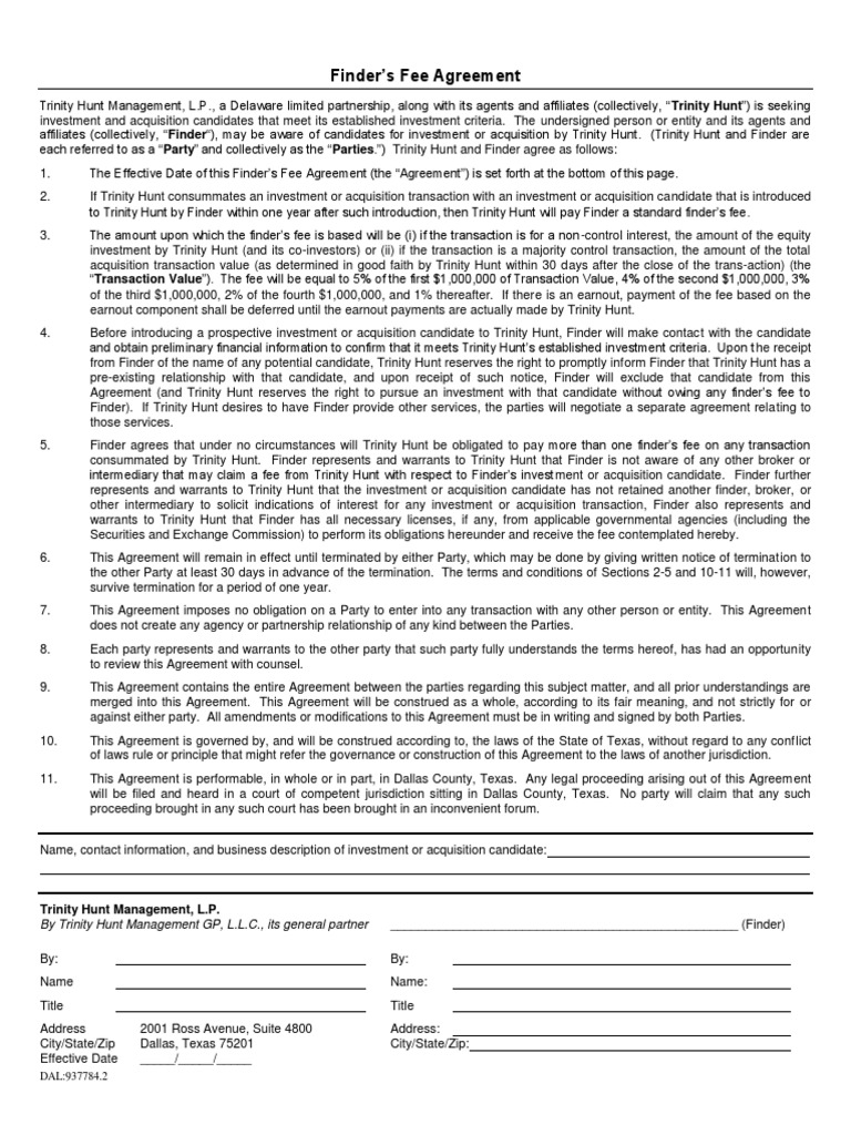 Finders Fee Agreement - Trinity Hunt PDF | PDF | Mergers And ...