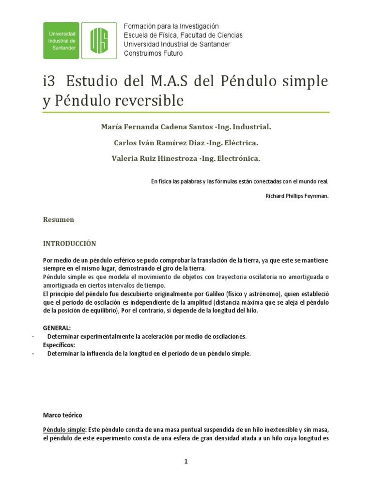 I3 Estudio Del MAS Pendulo Simple y Pendulo Reversible | PDF | Péndulo | Masa