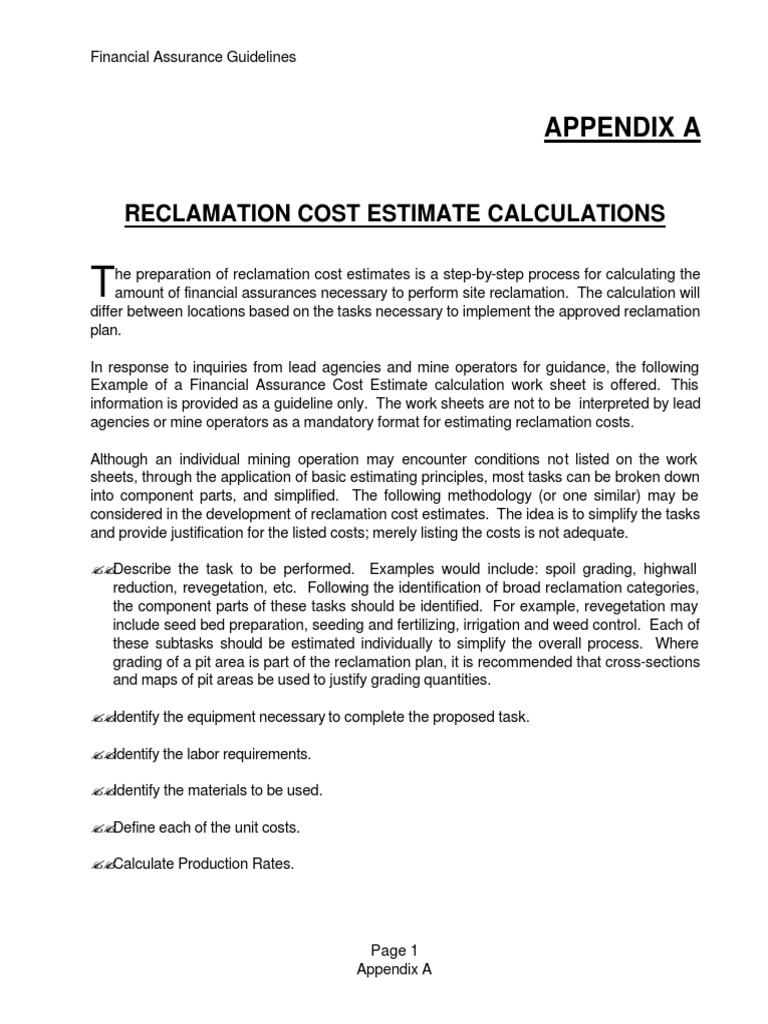 Reclamation Cost Estimate Calculations: Appendix A | PDF | Mining | Cost