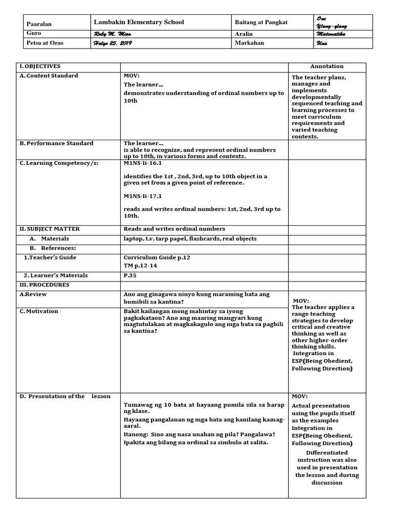 Cot1 Math-Ordinal Numbers | PDF | Curriculum | Educational Psychology