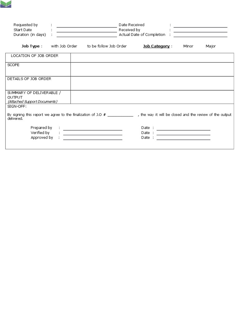 Job Type: With Job Order To Be Follow Job Order Job Category: Minor ...