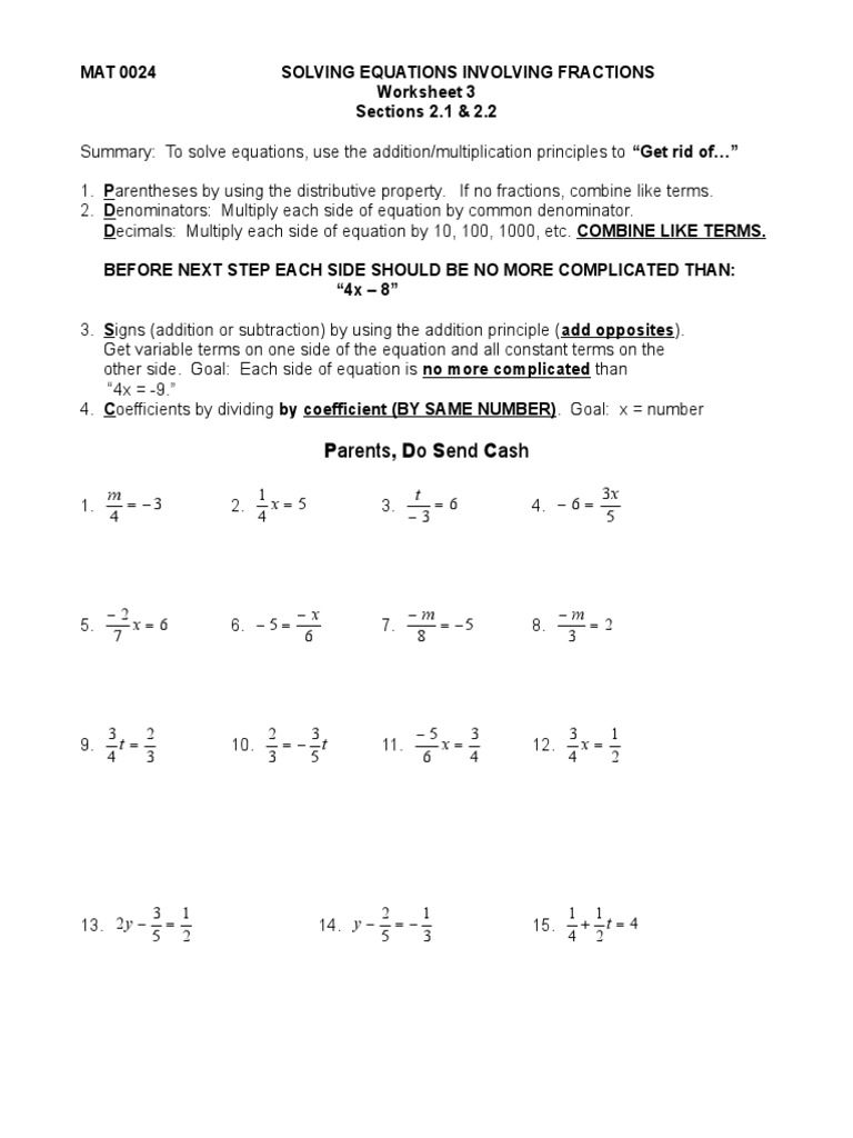 Solving Algebra Equations With Fractions | PDF | Fraction (Mathematics ...