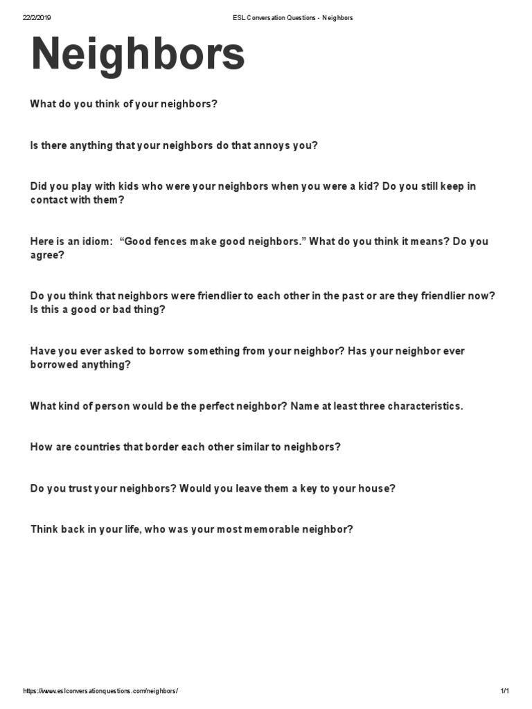 ESL Conversation Questions - Neighbors PDF | PDF | Wellness