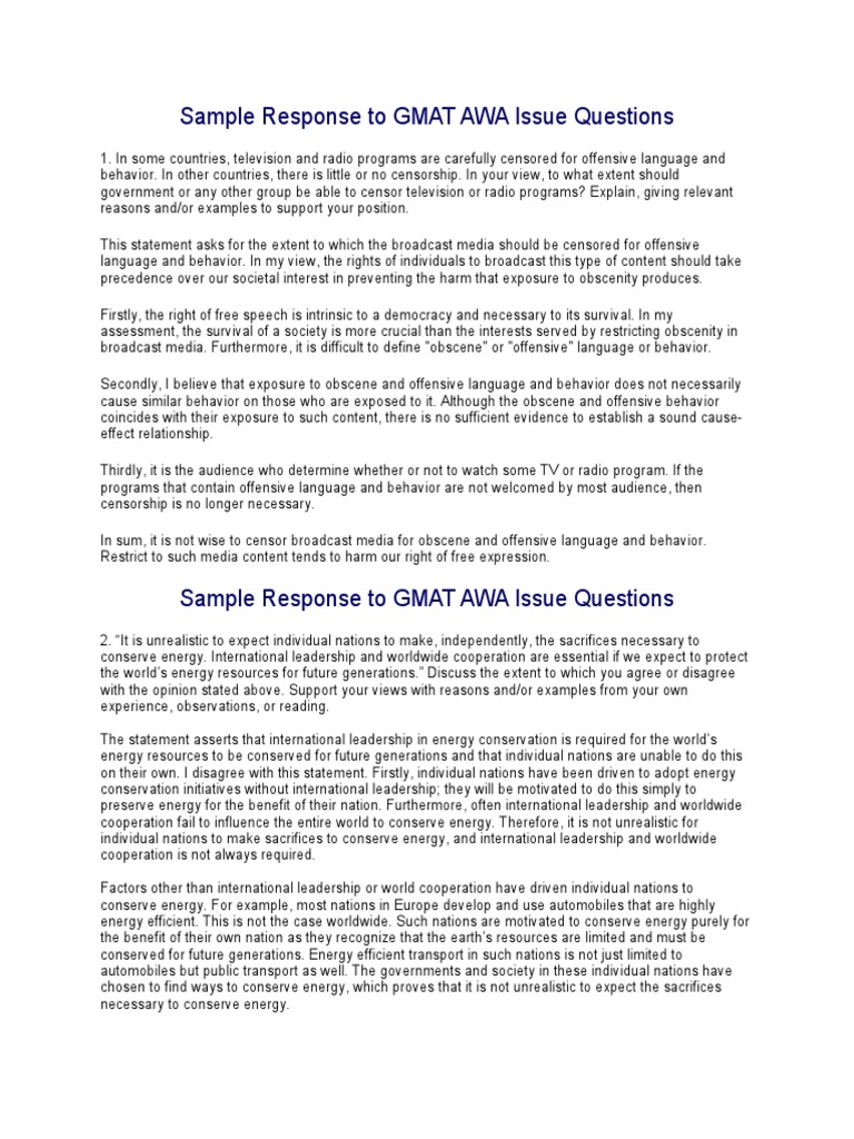 Sample Response To GMAT AWA Issue Questions | PDF | Censorship | Leadership