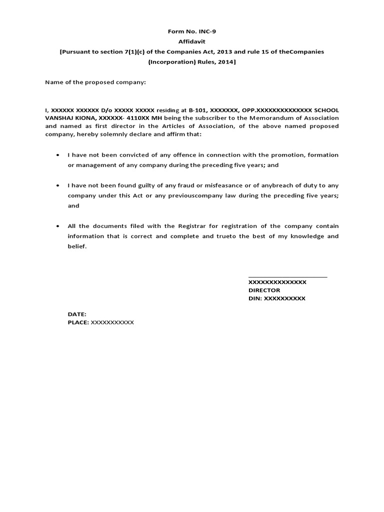Form No. Inc-9 Affidavit (Pursuant To Section 7 (1) (C) of The ...