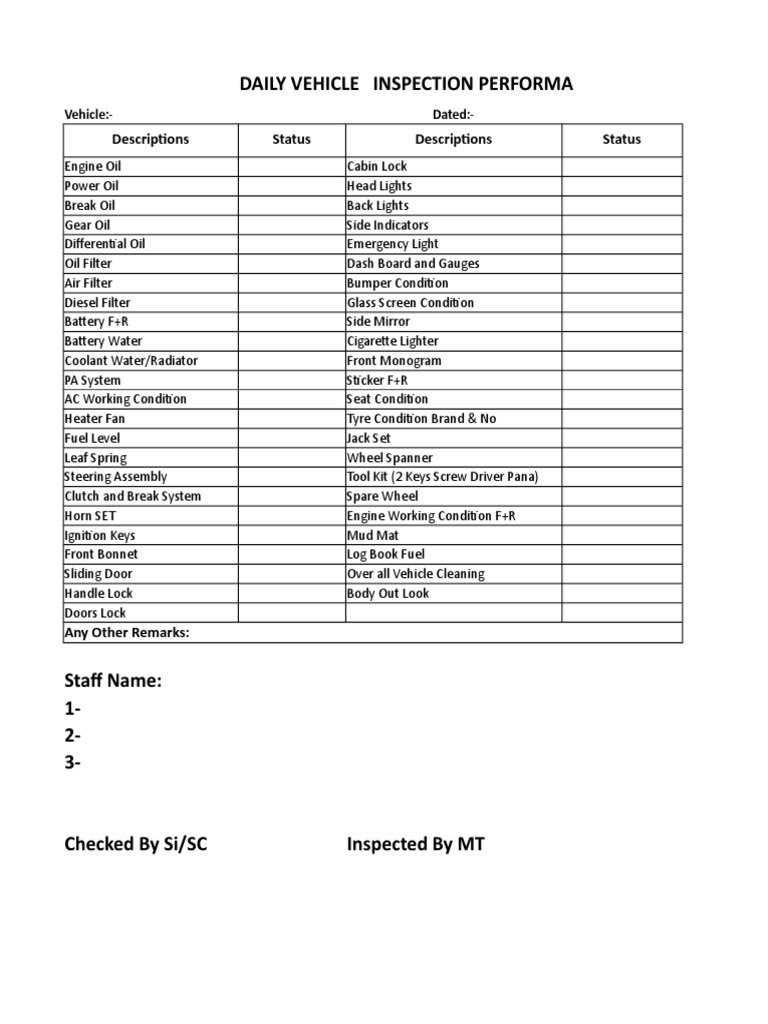 Daily Vehicle Inspection Format | PDF