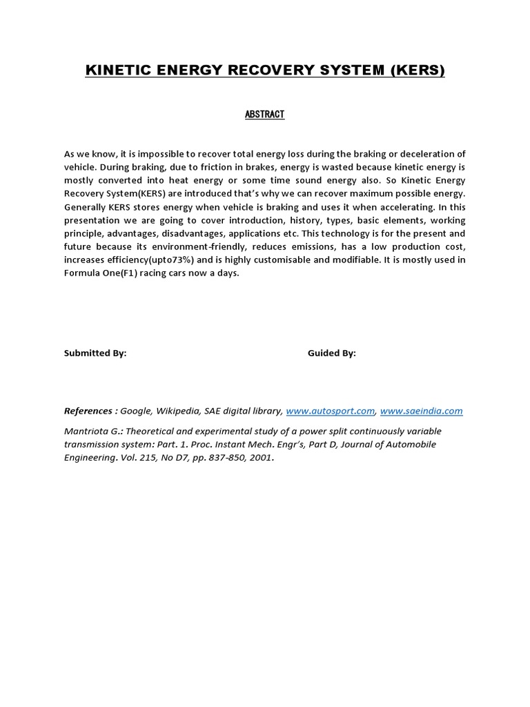 Kinetic Energy Recovery System (Kers) | PDF | Science & Mathematics ...