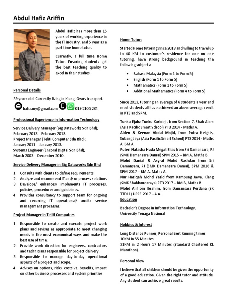 Abdul Hafiz Ariffin CV-Tutorv2 | PDF | Business