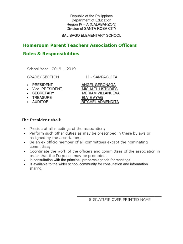 Homeroom Parent Teachers Association Officers Roles & Responsibilities ...