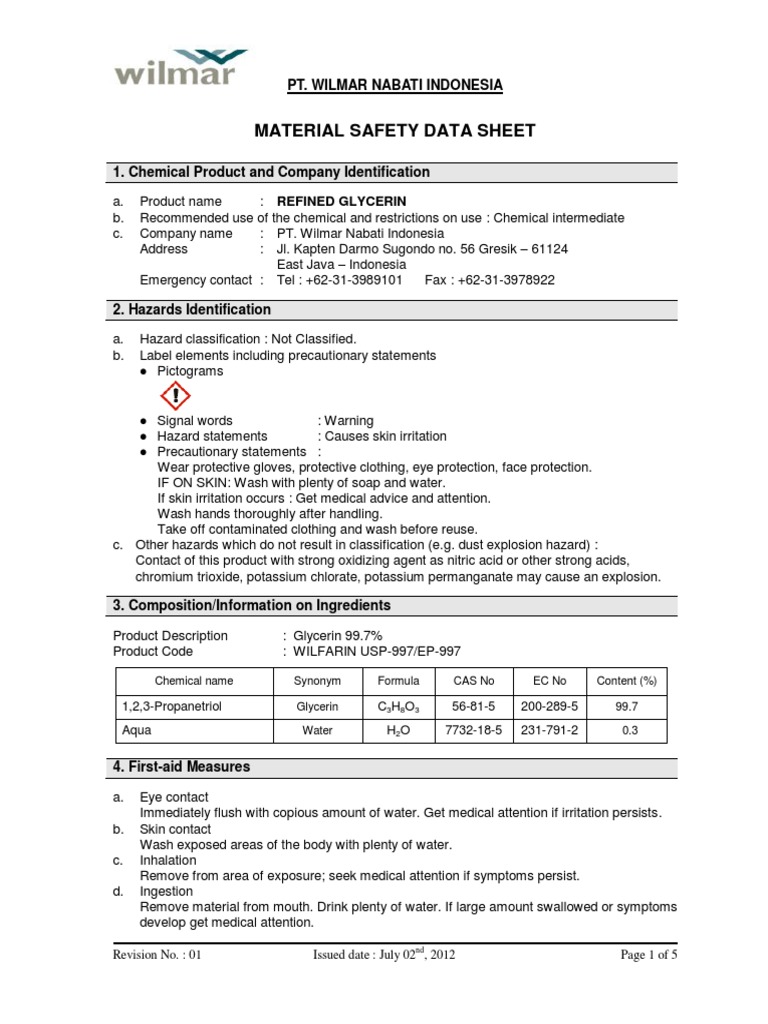 Gliserin MSDS Wilmar | PDF | Toxicity | Personal Protective Equipment