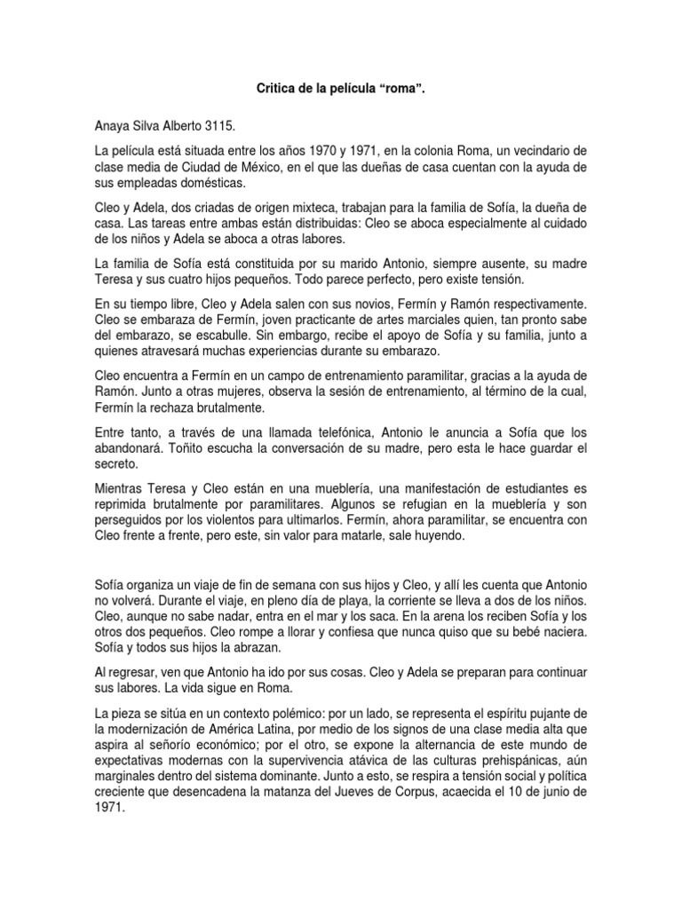 Critica de La Película Roma, Alberto Anaya Silva 3115 | PDF | México