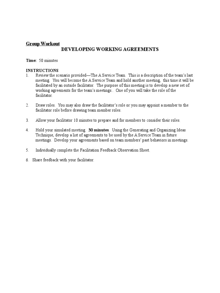 Group Workout Developing Working Agreements: Time: 50 Minutes ...