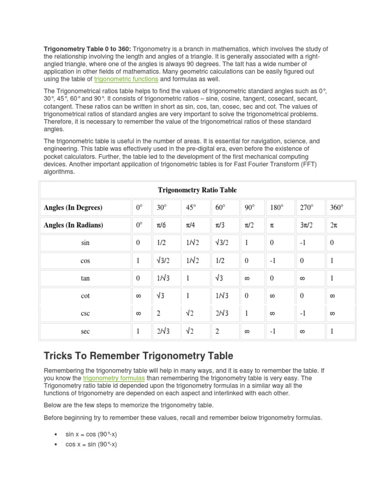 Trigonometry Table | PDF | Trigonometric Functions | Trigonometry