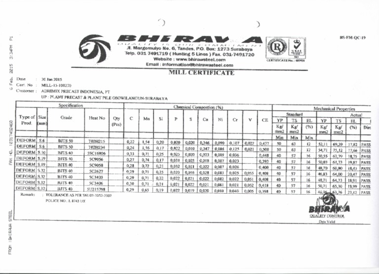 Contoh Mill Certificate Besi | PDF