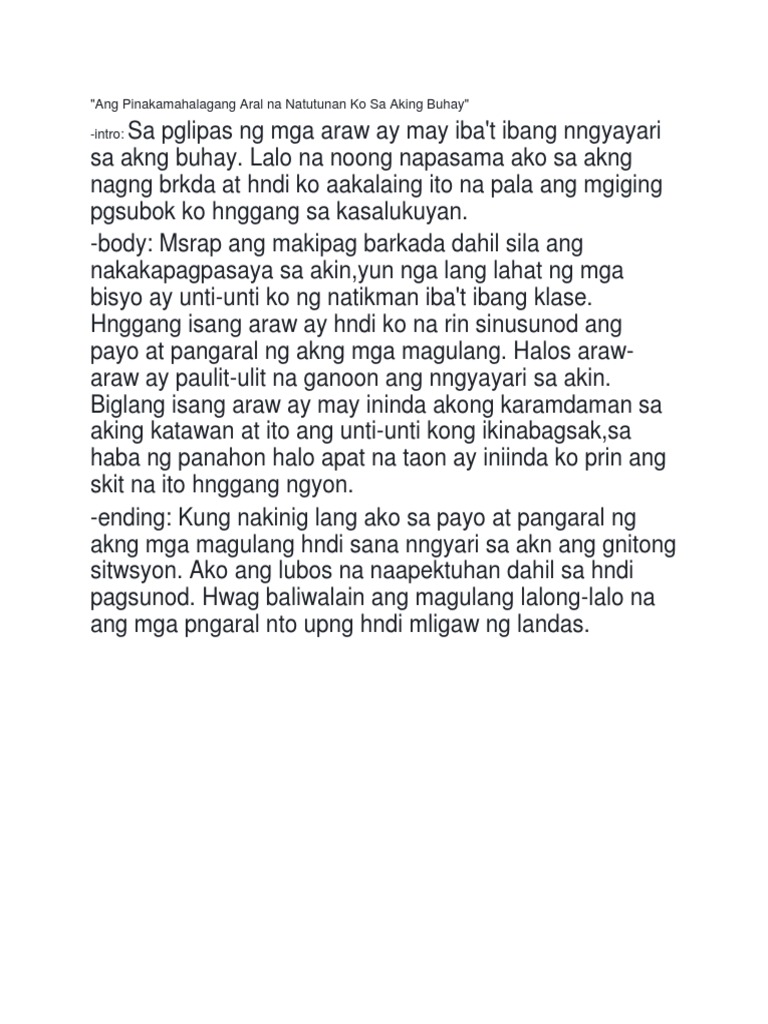 Als Ang Pignakamahalagang Aral Na Natutunan Ko Sa Aking Buhay | PDF