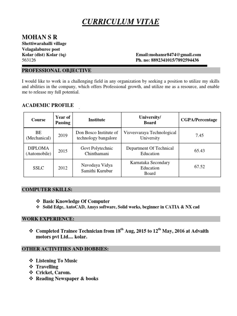 Curriculum Vitae: Mohan S R | PDF | Computing And Information Technology