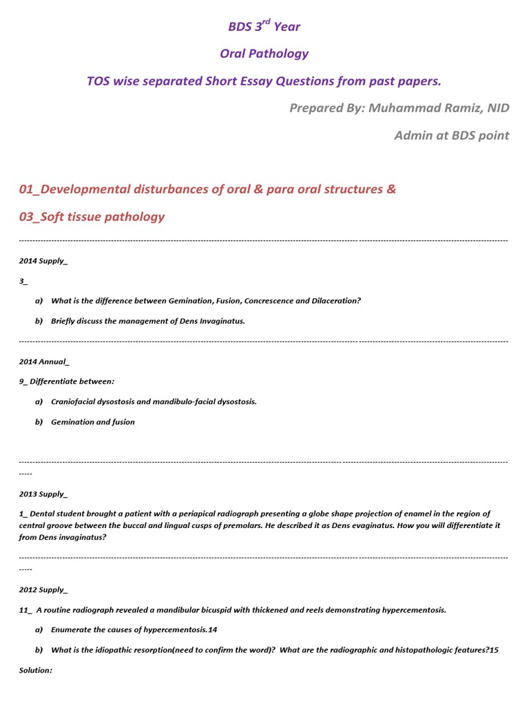BDS 3rd Year Oral Pathology Exam Guide | PDF | Medical Specialties ...