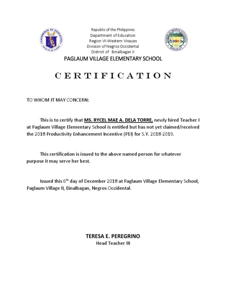 Sample PEI Cert | PDF | Philippines