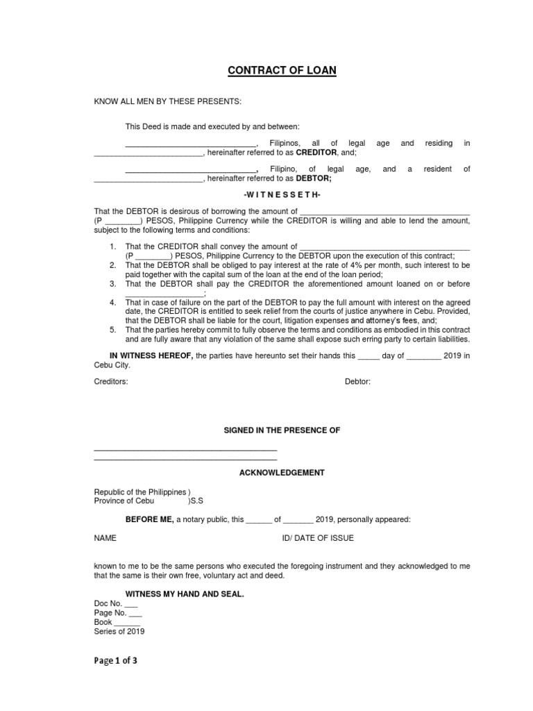 Contract of Loan Sample | PDF | Debtor | Interest