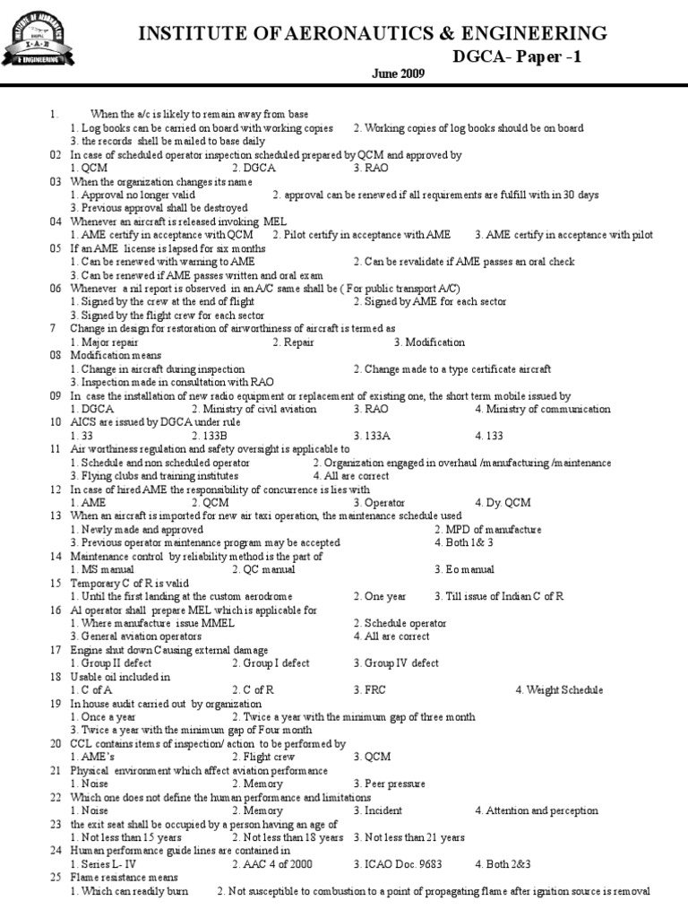 Institute of Aeronautics & Engineering: DGCA-Paper - 1 | Download Free ...