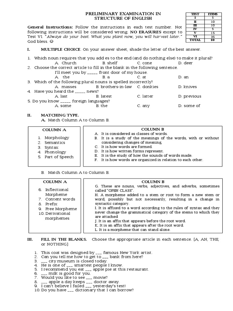 English Exam Structure Overview | PDF | Word | Part Of Speech