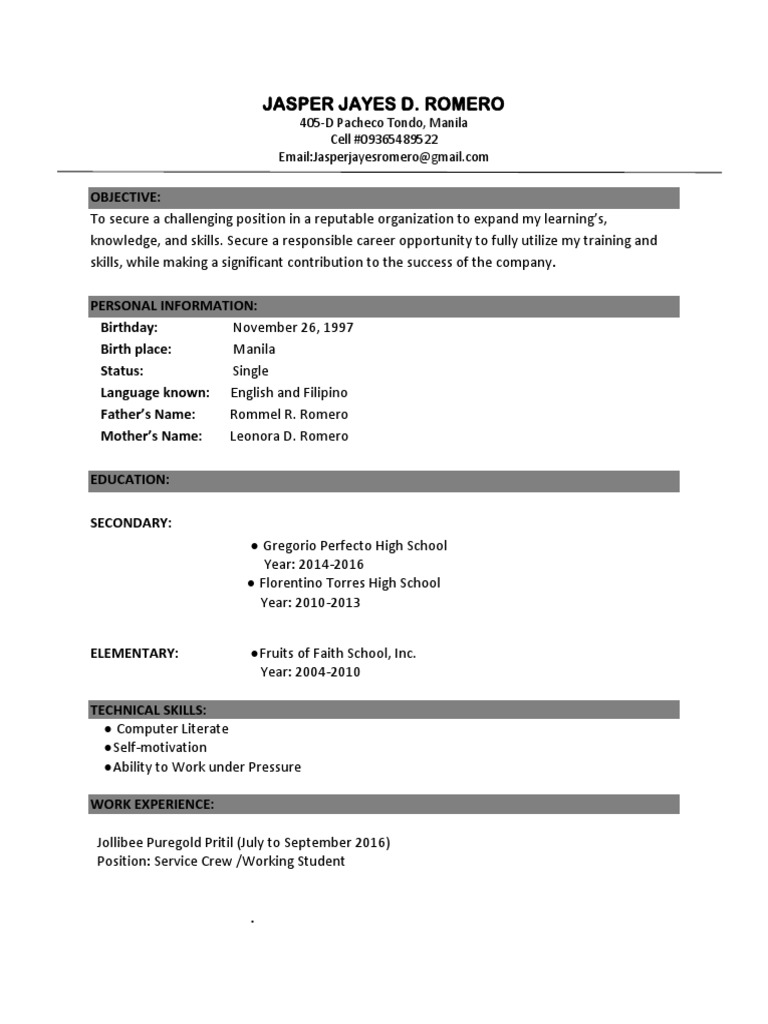 Jasper Jayes D. Romero: 405-D Pacheco Tondo, Manila Cell #09365489522 | PDF