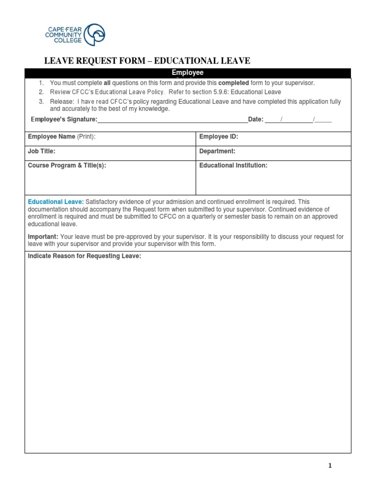 Leave Request Form - Educational Leave: Employee Section | PDF | Board ...