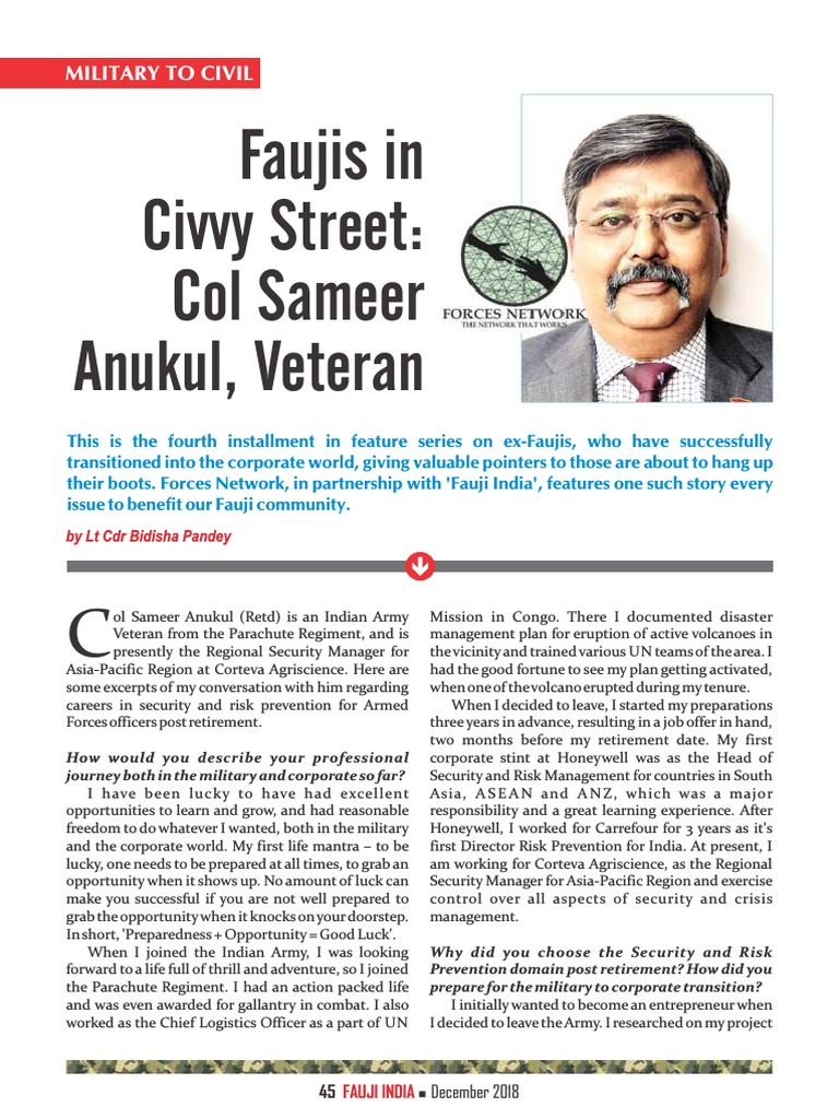 Fauji Dec '18 - Faujis in Civvy Street Sameer Anukul | PDF | Risk Management | Employment