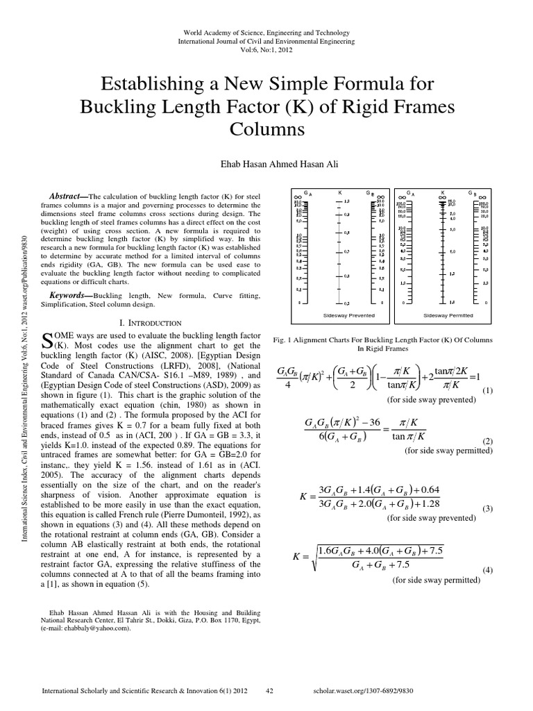 Establishing A New Simple Formula For Buckling Length Factor (K) of ...