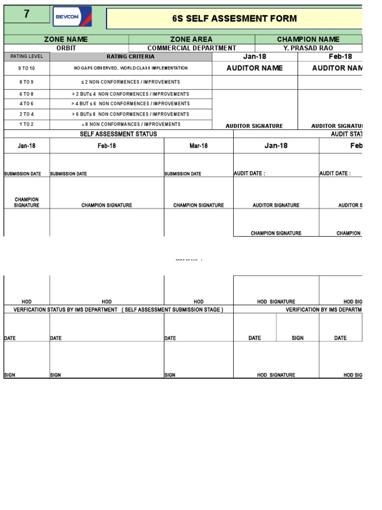 6S Self Assesment Form: Zone Name Zone Area Champion Name Jan-18 Feb-18 ...