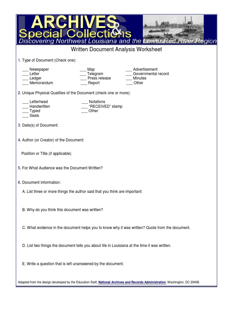 Written Document Analysis Worksheet: Adapted From The Design Developed ...