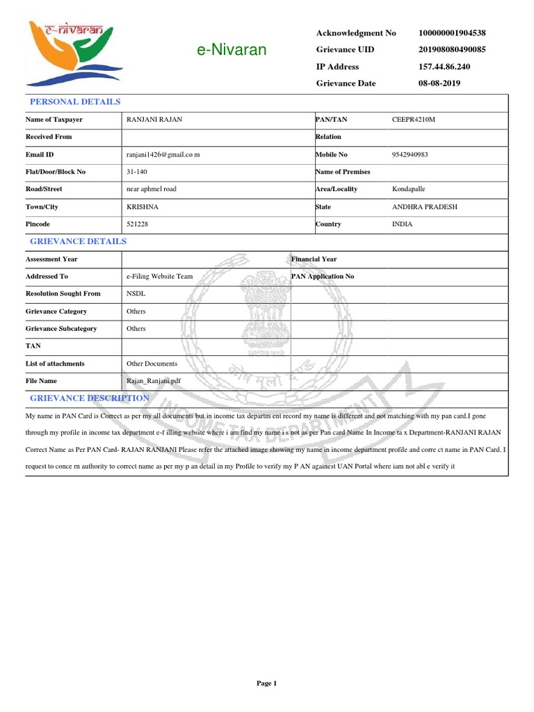 E-Nivaran: Personal Details | PDF | Taxation | Payments