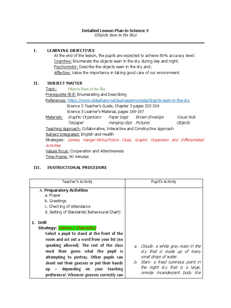 Detailed Lesson Plan in Science 3: Objects Seen in The Sky | PDF | Sky ...