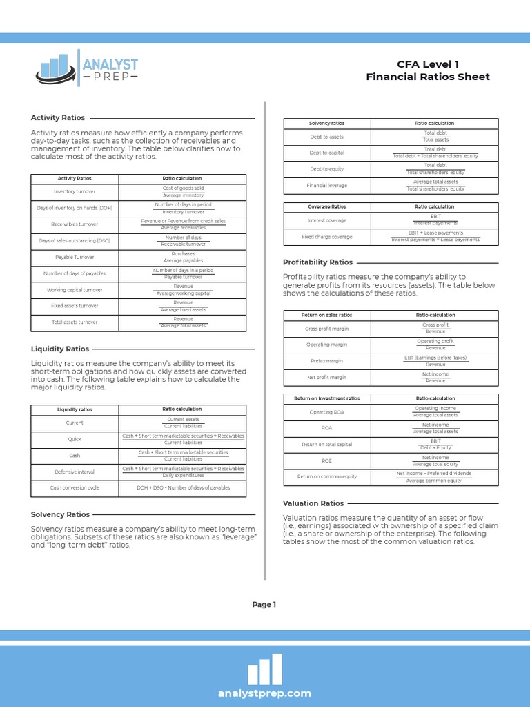 CFA Level 1 Financial Ratios Sheet | PDF | Revenue | Dividend