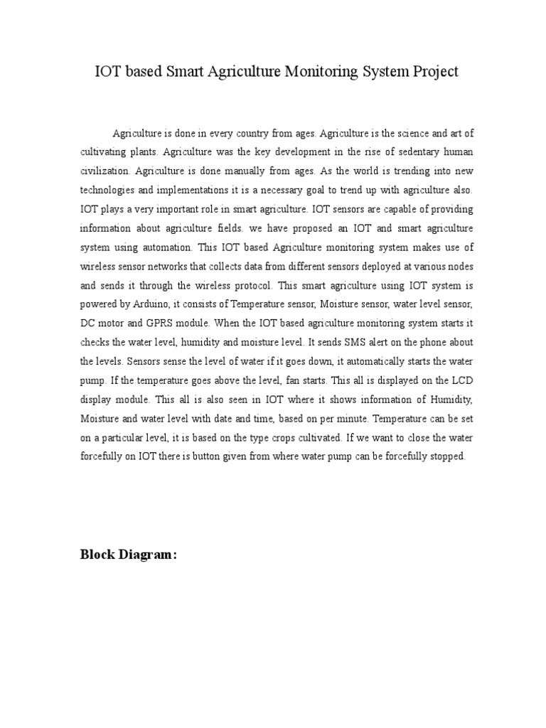 IOT Based Smart Agriculture Monitoring System Project: Block Diagram | PDF