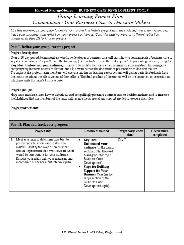 Group Learning Project Plan: Communicate Your Business Case To Decision ...