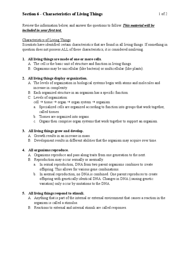 Section 6 - Characteristics of Living Things: Included in Your First ...