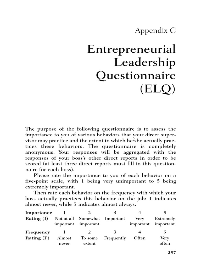 Entrepreneurial Leadership Questionnaire (ELQ) | PDF | Entrepreneurship ...